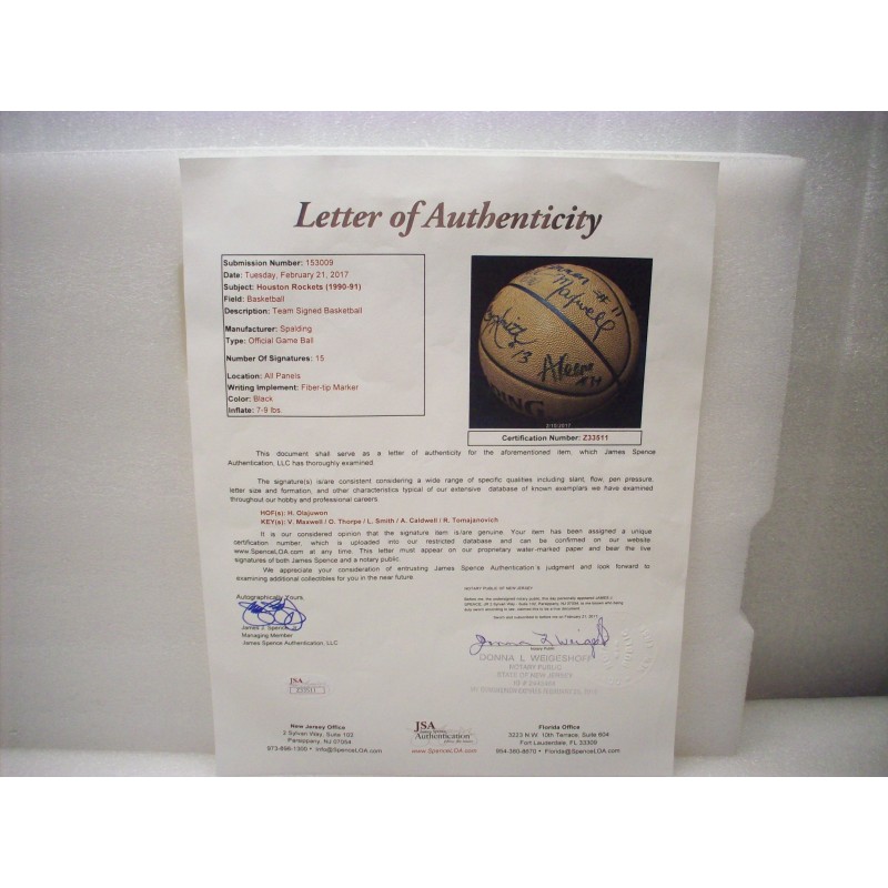 1990-91 Houston Rockets Team Signed Basketball Full JSA Letter